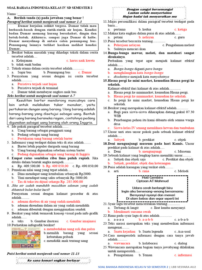 Soal Bahasa Indonesia Kelas IV Semester 2 | PDF