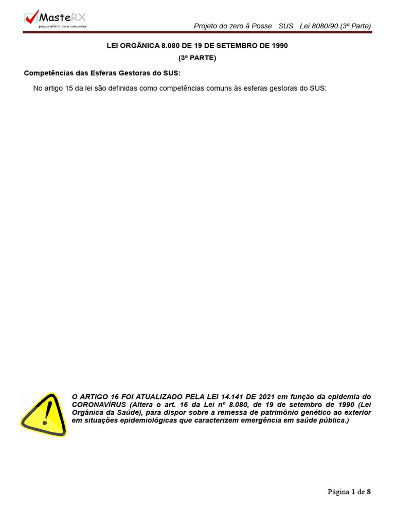 Projeto Do Zero Á Posse - Sus - Lei 8080 (3 Parte | PDF | Epidemiologia