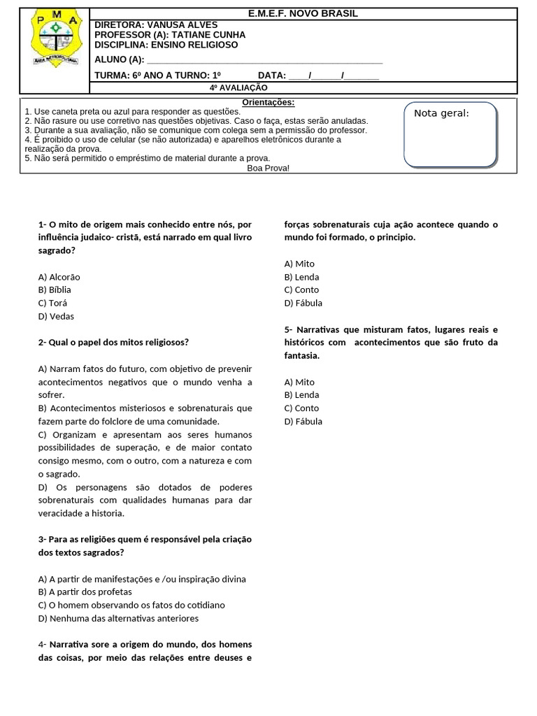 PROVA DE 4 AVAL | PDF | Rituais | Torá