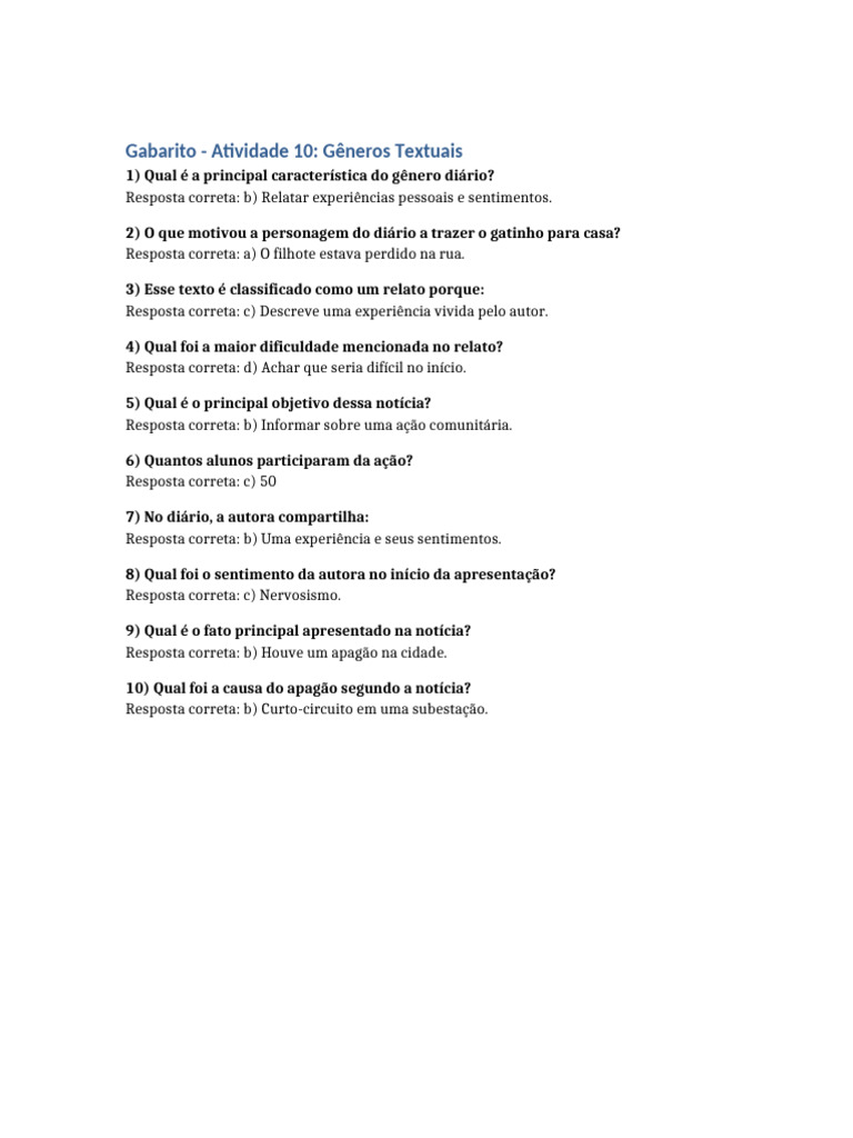 Gabarito Atividade 10 Generos Textuais | PDF