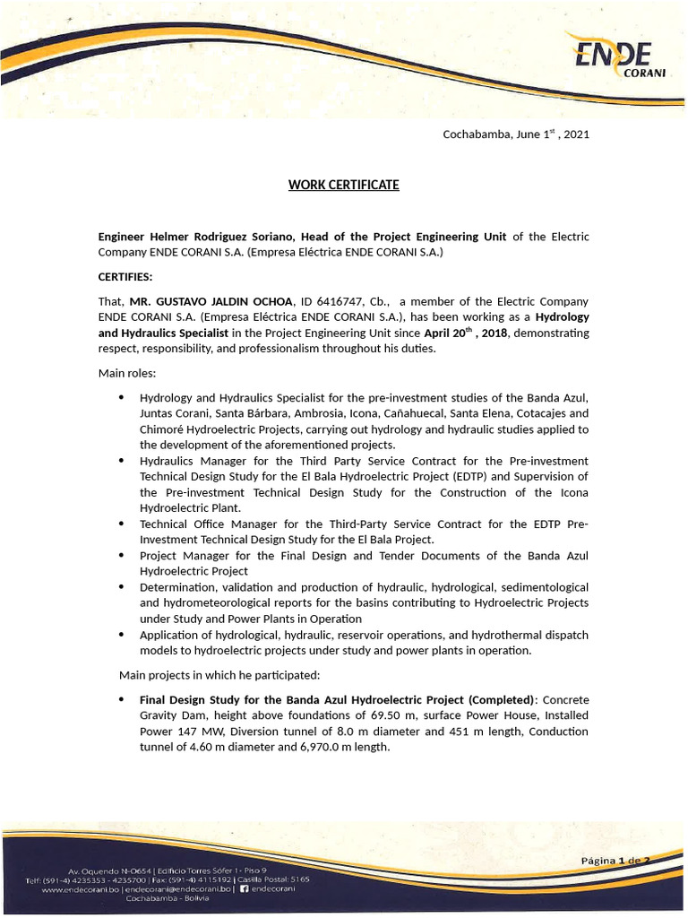 Certificado de Trabajo - Gus | PDF | Hydroelectricity | Dam