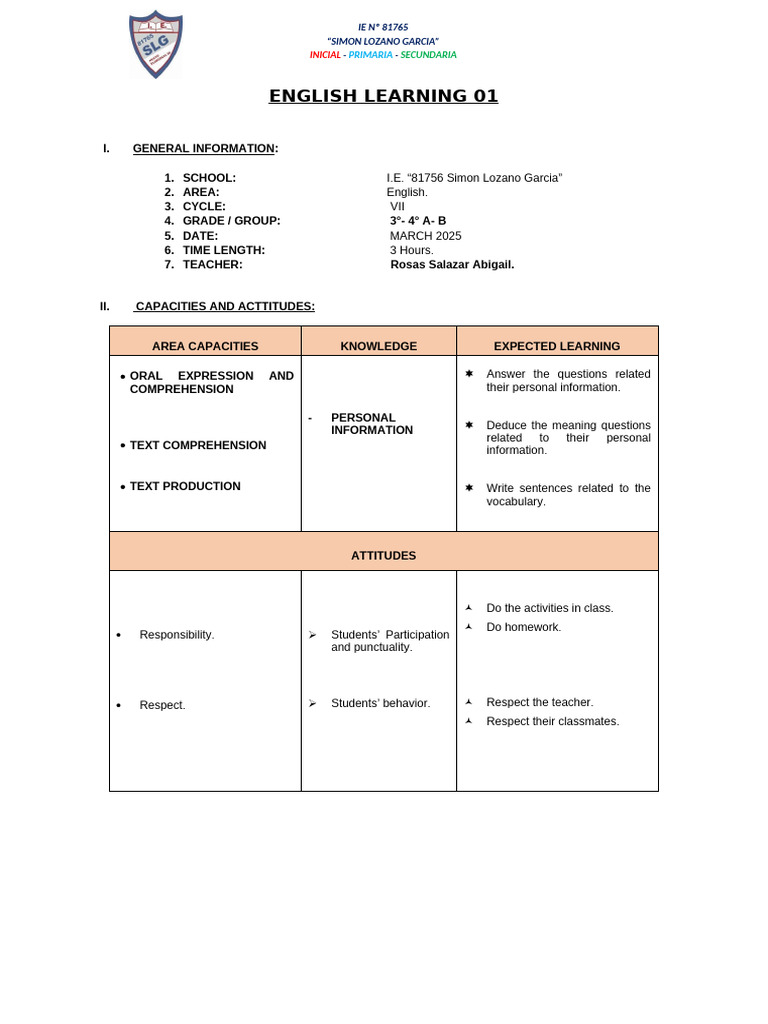 Lesson 1st Personal Information | PDF | Psychological Concepts | Behavioural Sciences