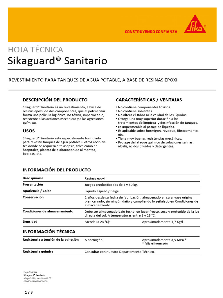 Sikagard Sanitario | PDF | Agua | Hormigón