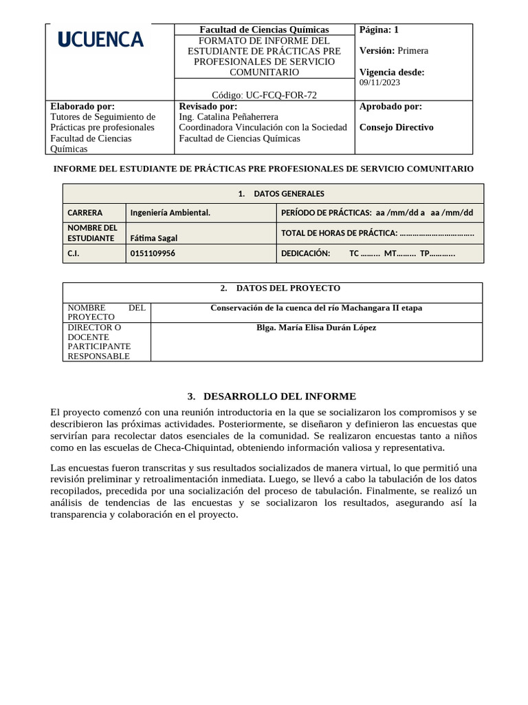 Uc-fcq-For-72 Formato de Informe Del Estudiante de Prácticas Pre Profesionales de Servicio ...