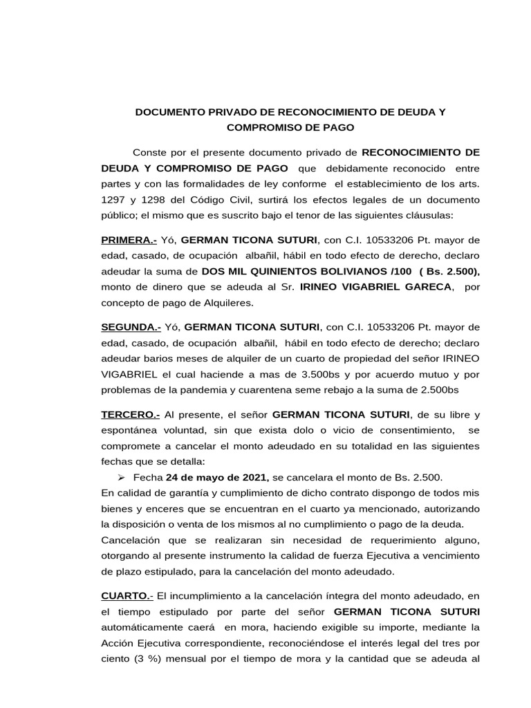 Documento Privado de Reconocimiento de Deuda y Compromiso de Pago | PDF | Pagos | Deuda