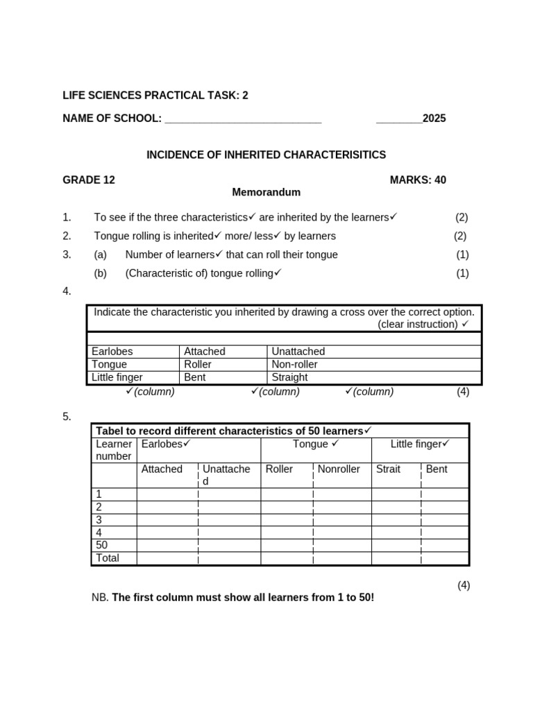 Grade 12 Genetics Practical Memo 2025 | PDF | Genotype | Evolutionary ...