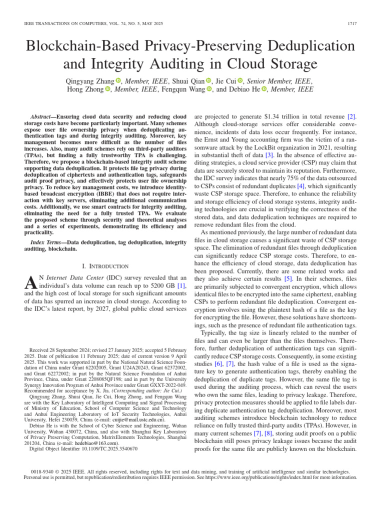 Blockchain-Based Privacy-Preserving Deduplication and Integrity Auditing in Cloud Storage | PDF ...