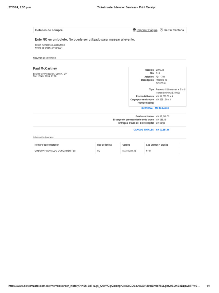 Ticketmaster Member Services - Print Receipt | PDF