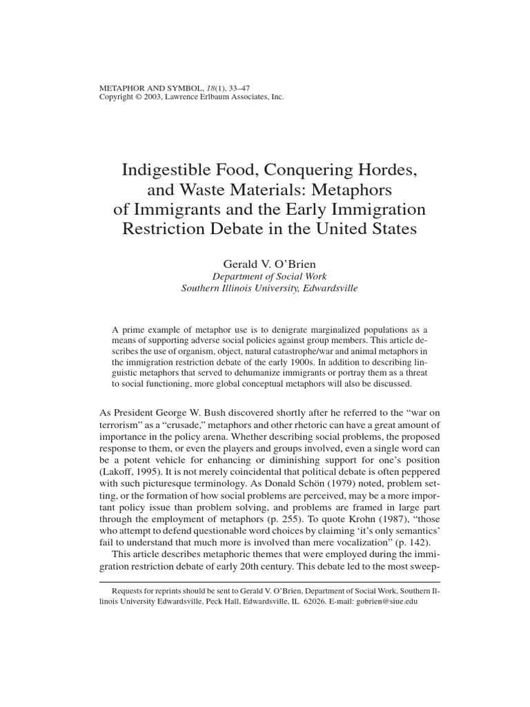 Metaphors in Early U.S. Immigration Debate | PDF | Metaphor | Immigration