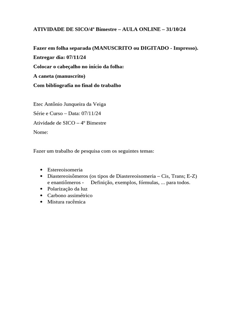 Atividade de Sico - Estereoisomeria | PDF