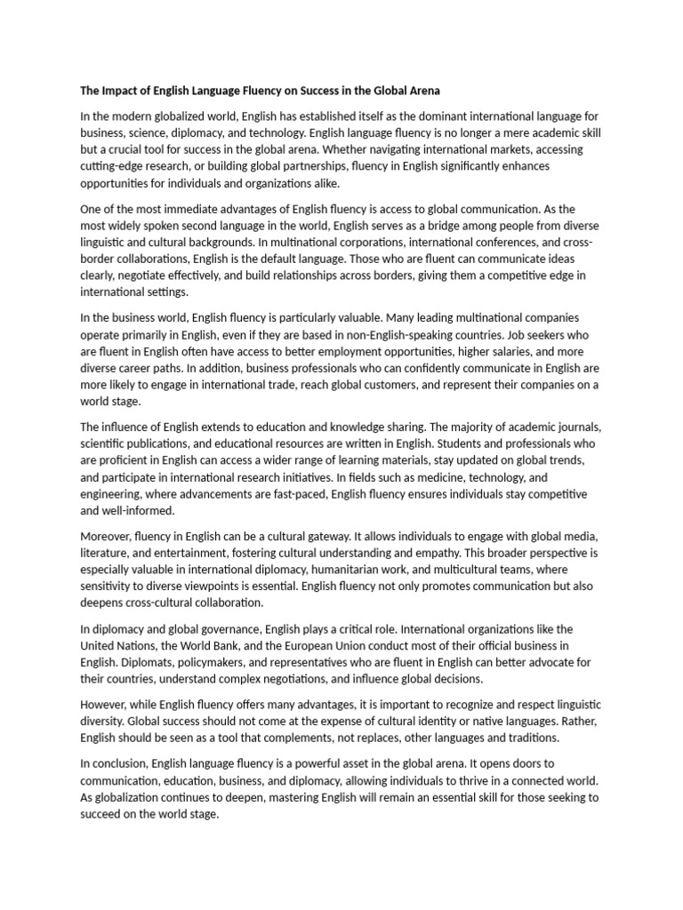 The Impact of English Language Fluency On Success in The Global Arena | PDF | Fluency | English ...