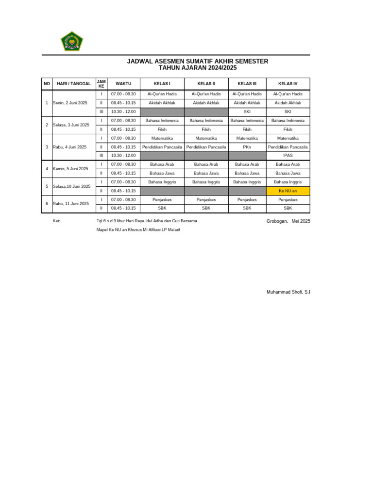 Jadwal Asesmen Sumatif Akhir Semester Kkmi 05 | PDF