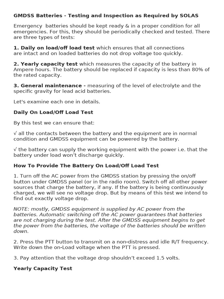 GMDSS Battery Testing and Maintenance Guide | PDF | Battery Charger ...