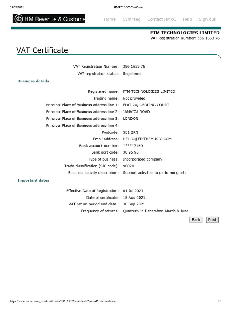 HMRC VAT Certificaterthrttr | PDF