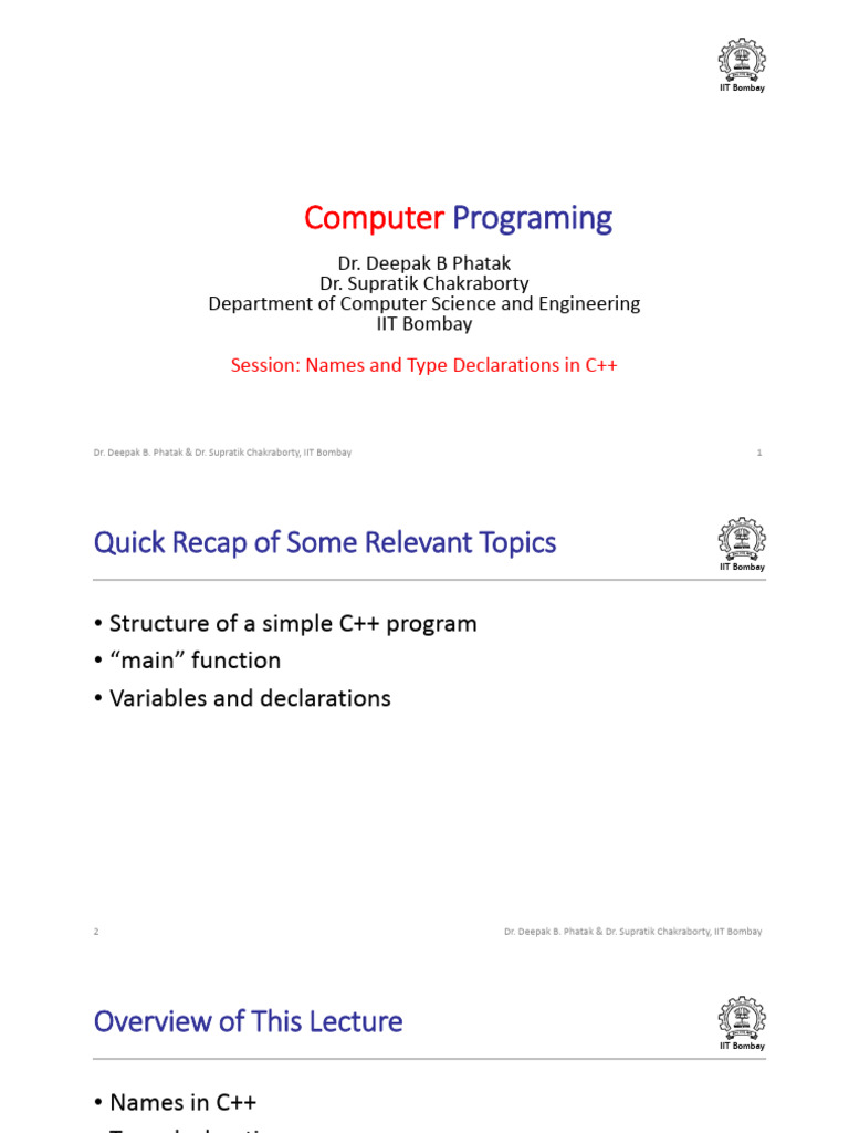 CS101x S407 Names and Type Declarations in C++ IIT Bombay | PDF ...