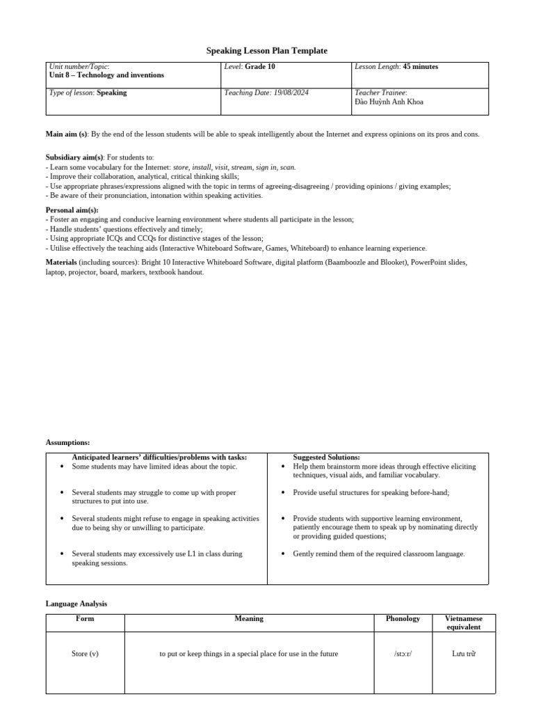 Teaching Practice Demo Speaking Lesson Plan | PDF | Human Communication | Learning