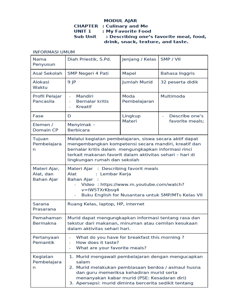 MODUL AJAR 7.1 Chapter 2 Unit 1 | PDF
