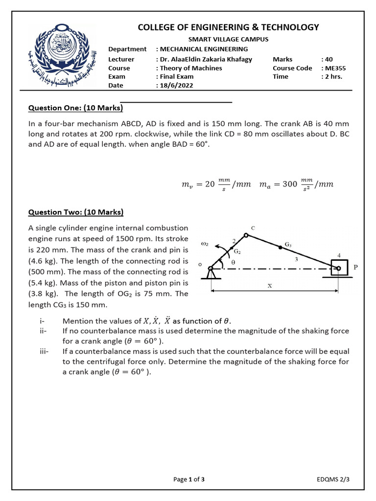 Final Exam: Theory of Machines | PDF | Gear | Mechanical Engineering
