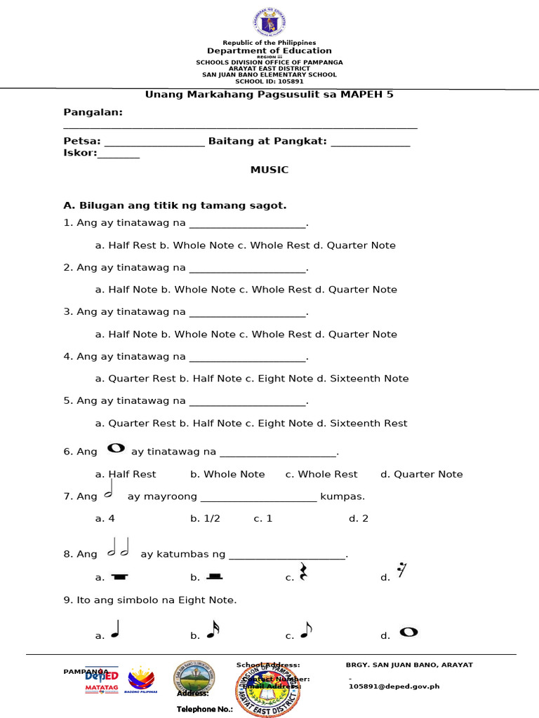 1st Quarter Mapeh Test With Tos | PDF