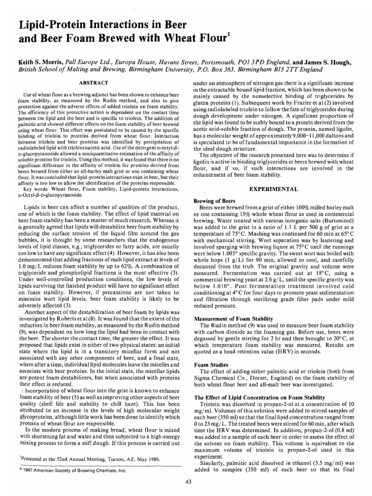 Lipid-Protein Interactions in Beer | PDF | Brewing | Beer