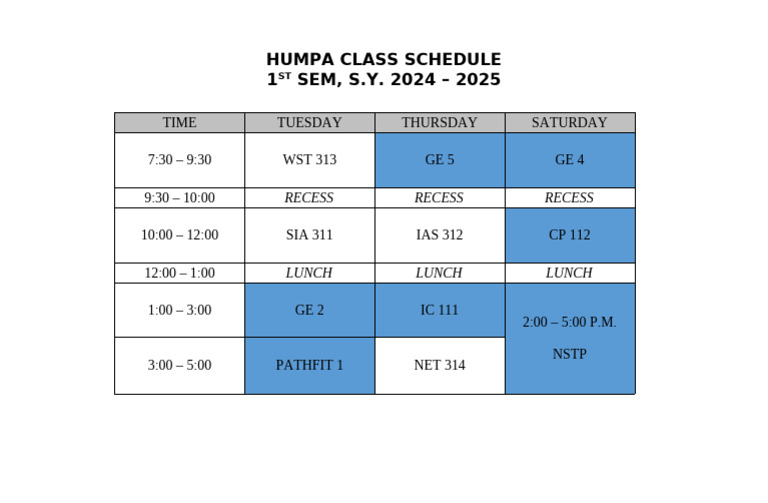 Humpa Class Schedule | PDF