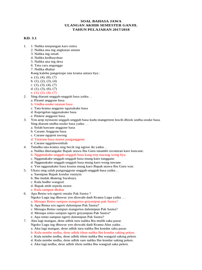 Soal Uas Basa Jawa Xii Smai Ganjil 2017-2018 | PDF