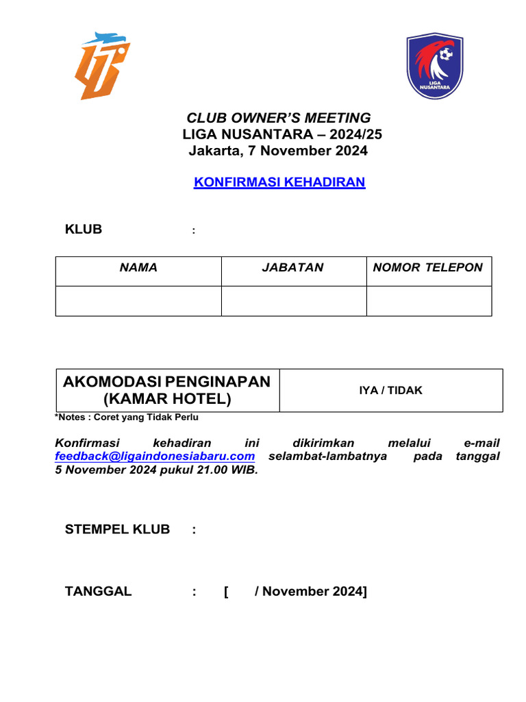 Form Konfirmasi Kehadiran Club Owners Meeting Liga Nusantara 2024.25 | PDF