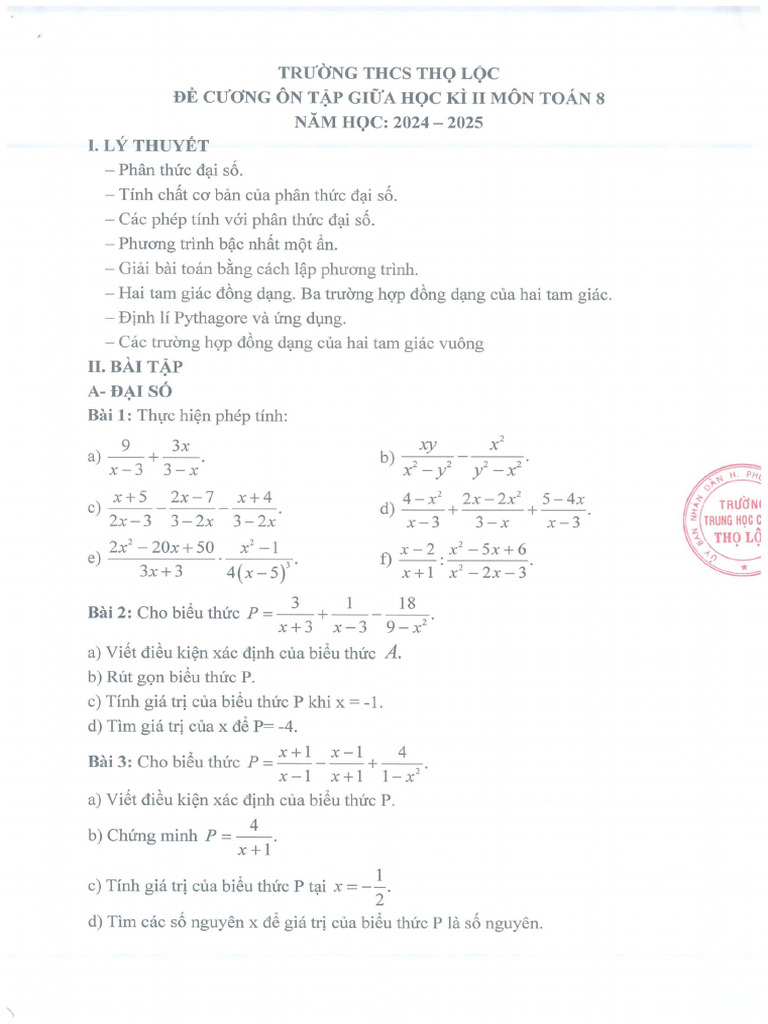 De Cuong Giua Ki 2 Toan 8 Nam 2024 2025 Truong Thcs Tho Loc Ha Noi | PDF
