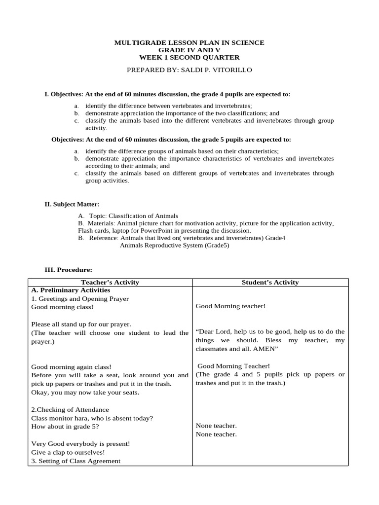 Multigrade Lesson Plan in Science | PDF | Invertebrate | Vertebrates