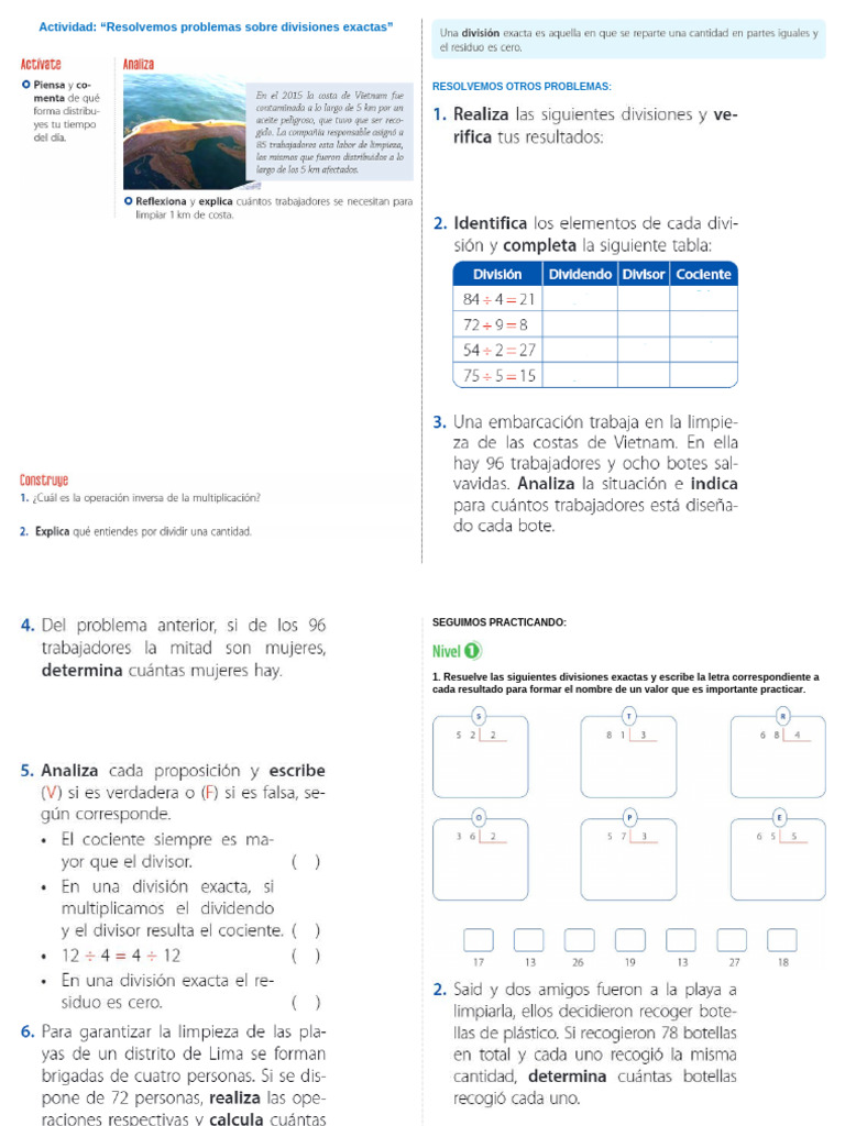 Ficha - Matemática - Resolvemos Problemas Sobre Divisiones Exactas | PDF
