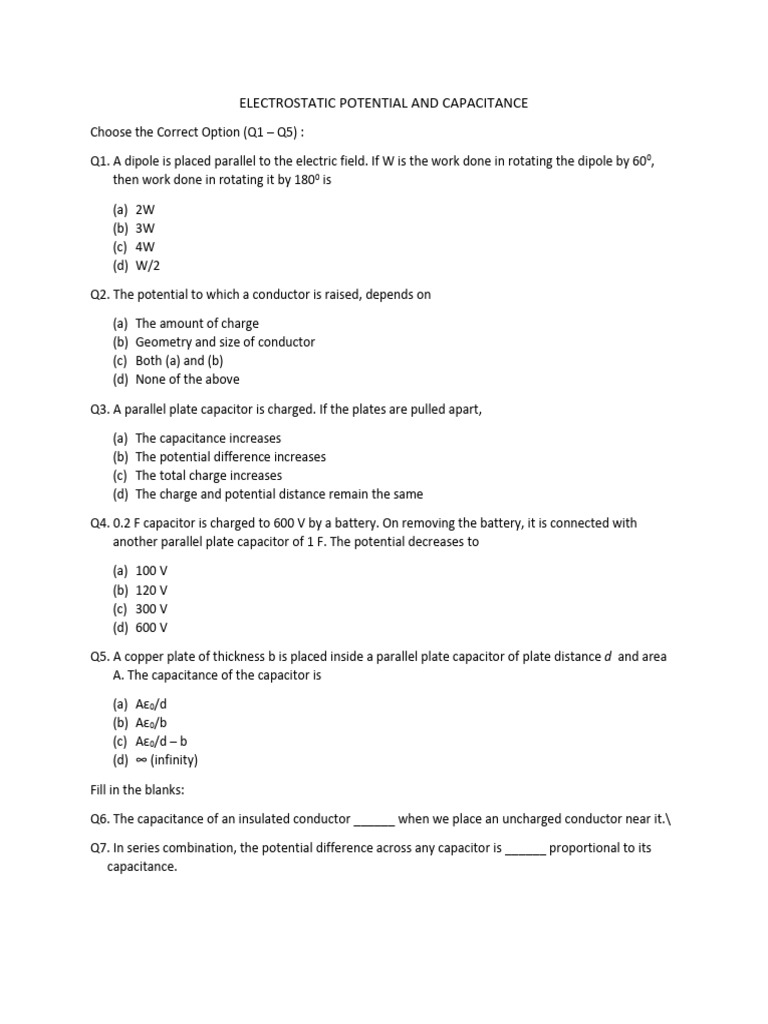 Physics - Electrostatic Worksheet - Class 12 | PDF | Capacitance | Capacitor
