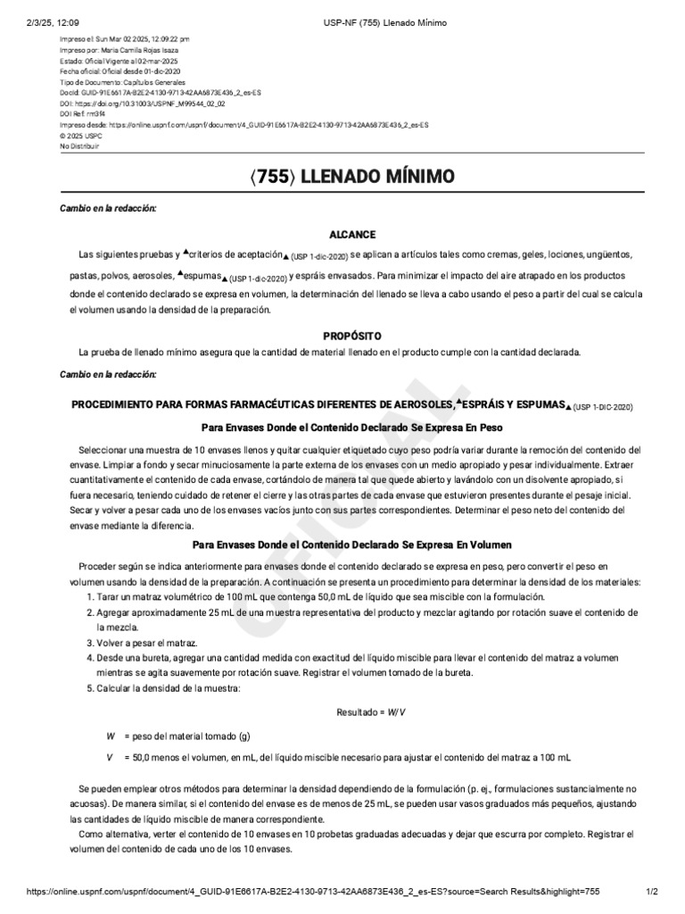 USP-NF 755 Llenado Mínimo | PDF | Volumen | Densidad