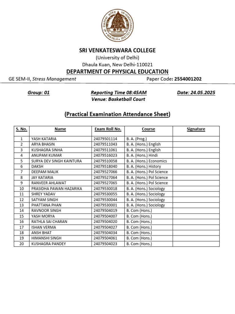 GE SEM-II Stress Management Practical Examination Attendance Sheet 2024-25 | PDF | Educational ...