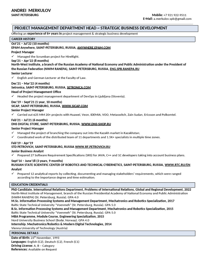 Andrei Merkulov: Project Management Profile | PDF | Business | Engineering