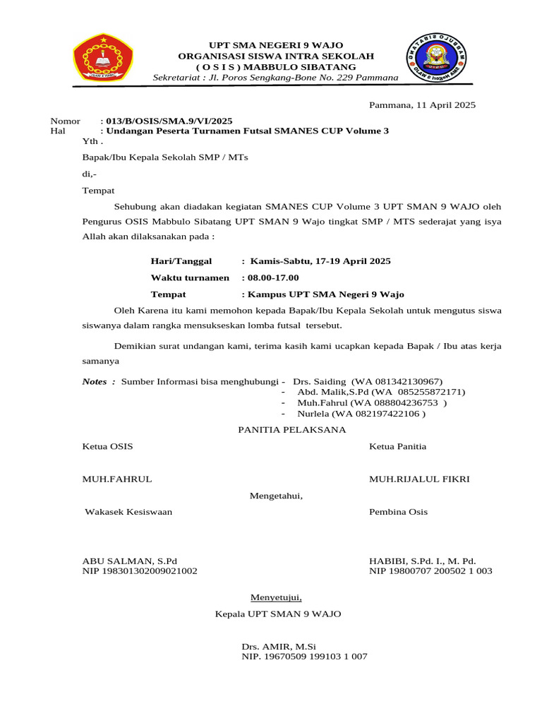 Undangan Turnamen Futsal SMANES CUP 3 | PDF