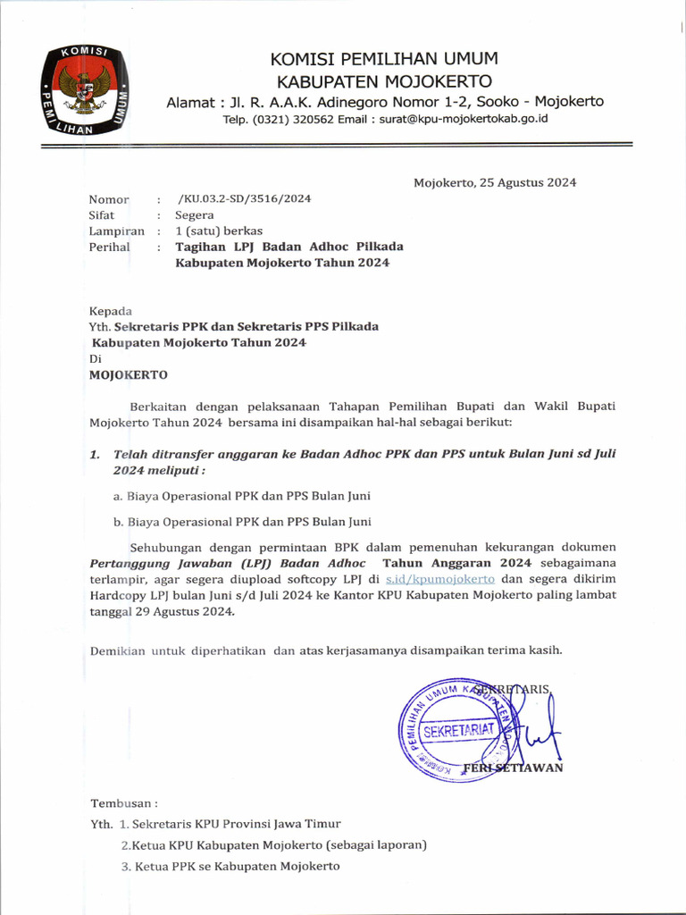 Surat Tagihan Badan Adhoc Juni Juli 2024 | PDF