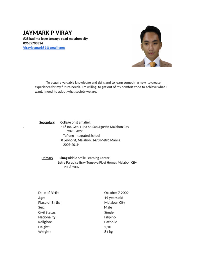 RESUME Work Immersion Jaymark | PDF | Cognition