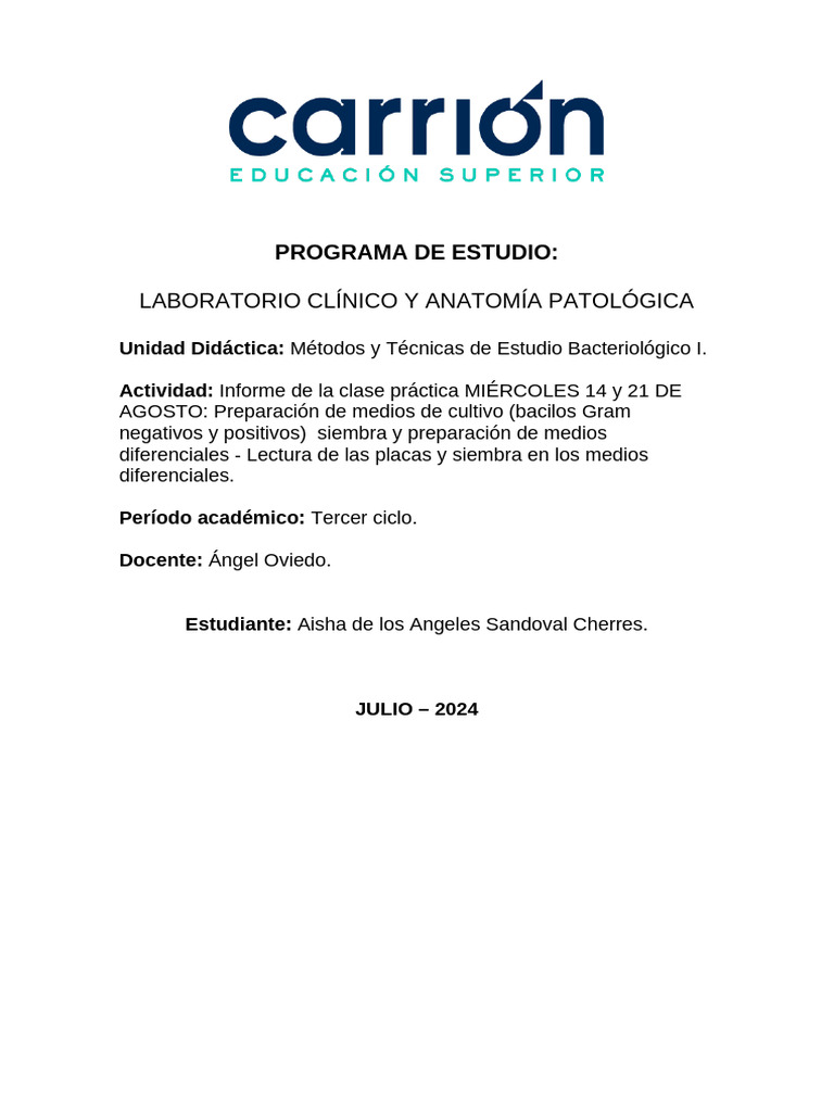 INFORME BAC SANDOVAL 14 y 21 AGOS LISTO | PDF | Microbiología