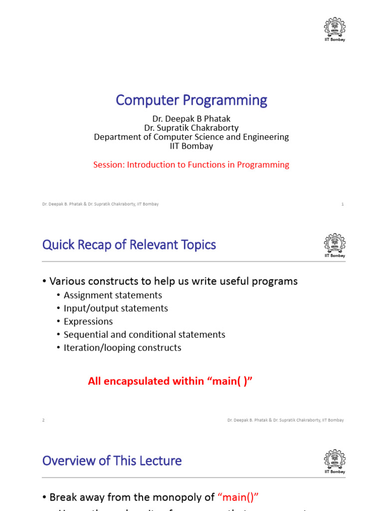 CS101x S419 Introduction To Functions in Programming IIT Bombay | PDF | Integer (Computer ...
