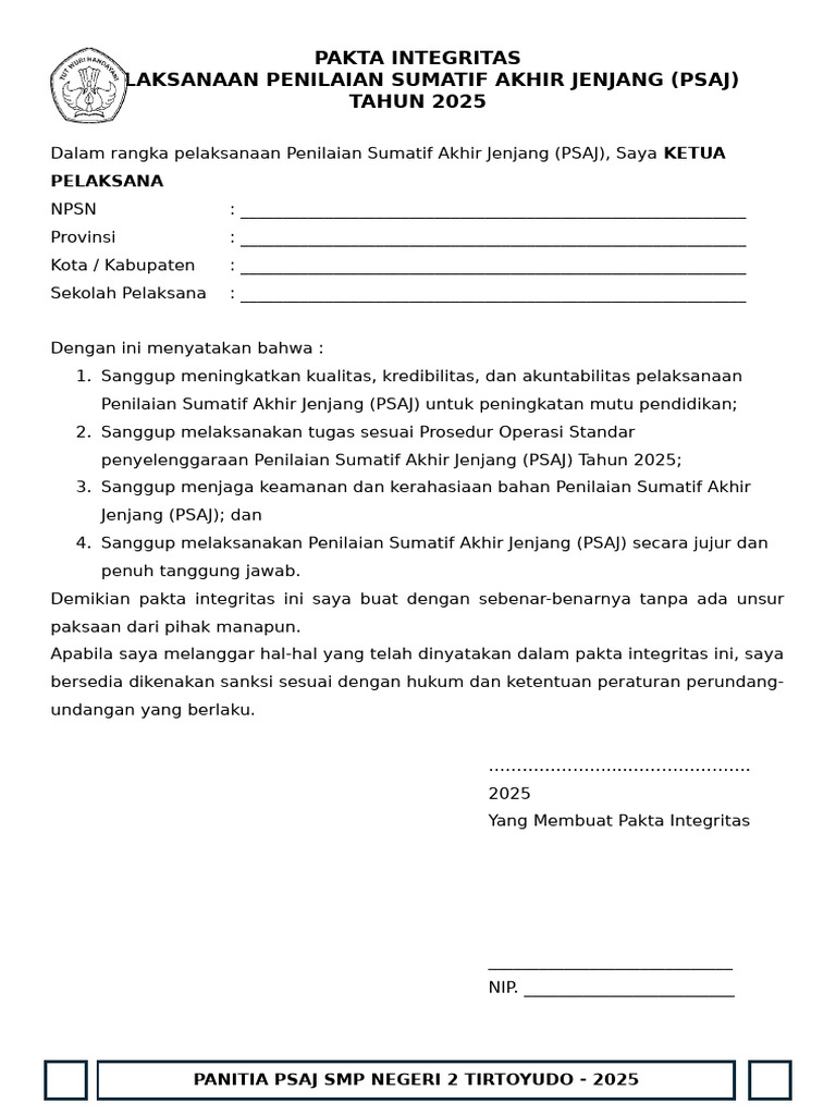 Pakta Integritas Psaj 2025 | PDF