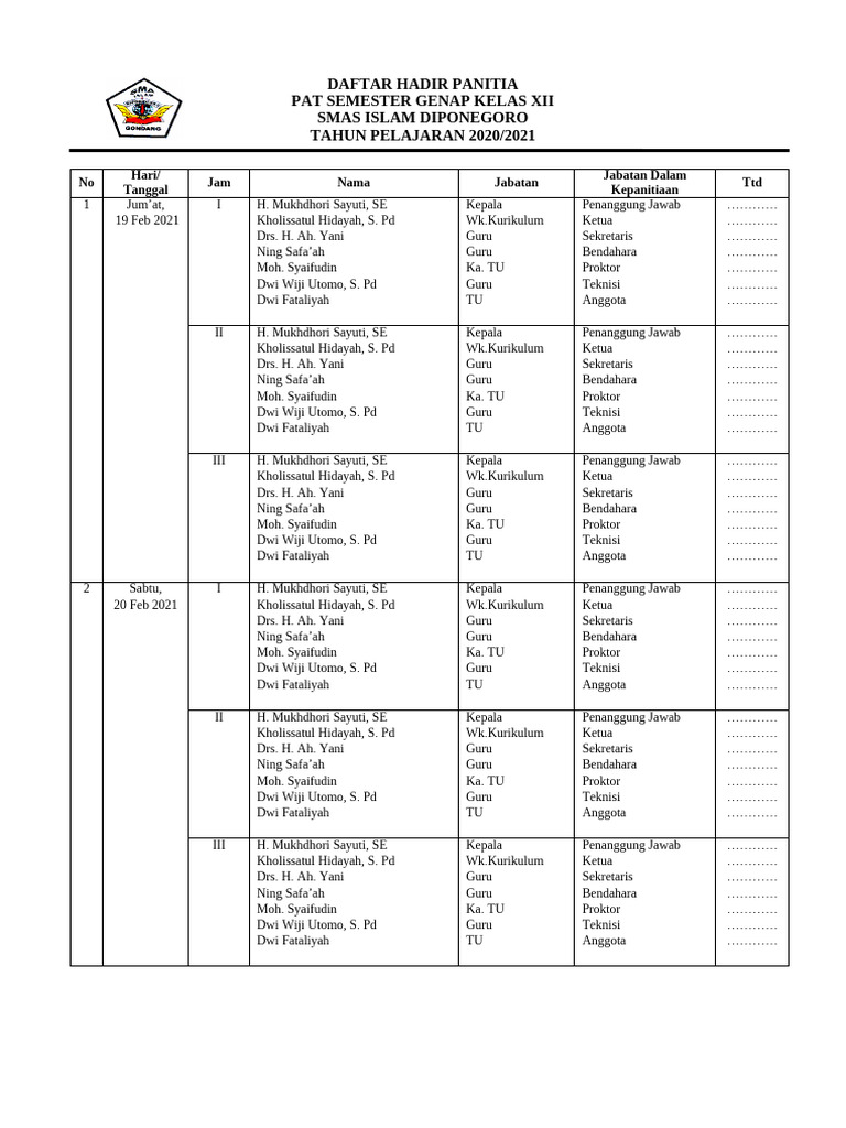 Daftar Hadir PANITIA | PDF
