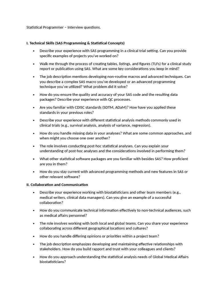 Statistical Programmer Interview Guide | PDF | Sas (Software) | Statistics