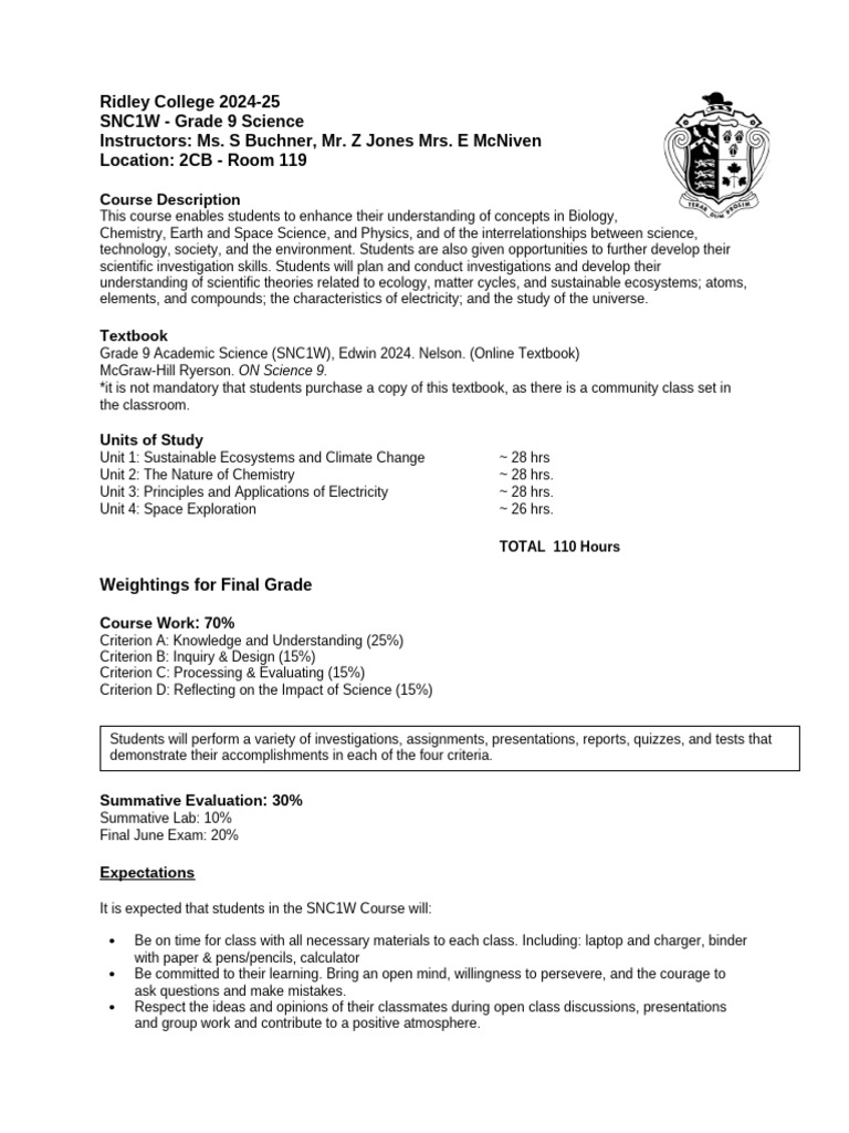 Grade 9 Science Course Outline | PDF | Science | Teachers