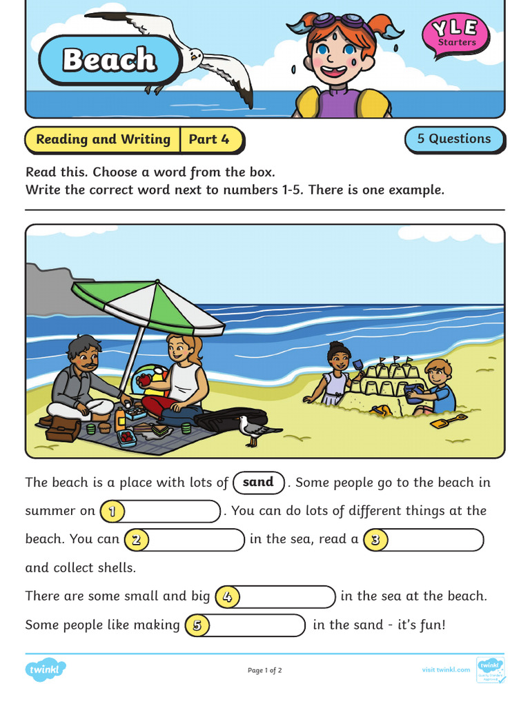 Esl Yle Starters Reading and Writing Part 4 Worksheet Beach Kids Pre A1 ...