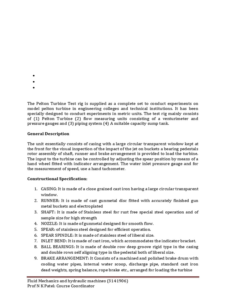Pelton Turbine Performance Testing Guide | PDF | Flow Measurement | Turbine