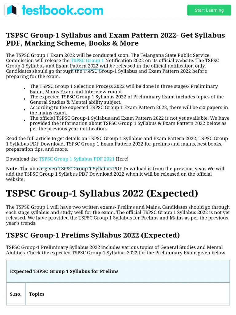 TSPSC Group-1 Syllabus and Exam Pattern 2022 - Get Syllabus PDF, Marking Scheme, Books & More | PDF