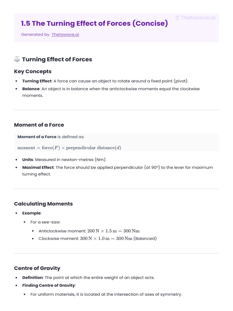 Thetawave - Ai - 1.5 The Turning Effect of Forces (Concise) | PDF | Force | Center Of Mass