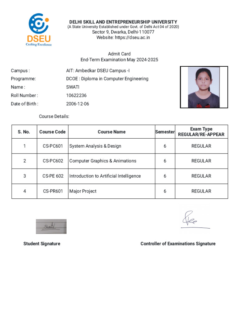 Swati Admit Card 6th Sem | PDF