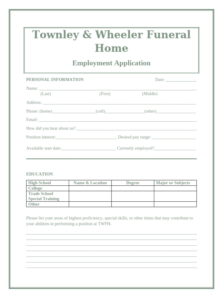 Townley & Wheeler Funeral Home Job Application | PDF