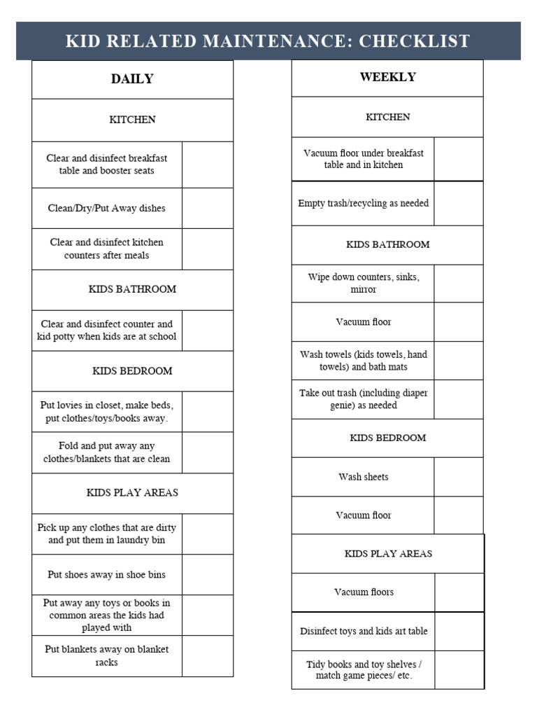 Kid Maintenance Checklist | PDF